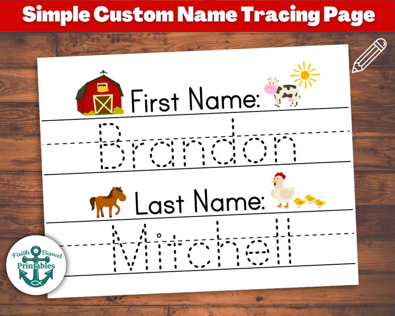 Custom Name Tracing Sheet for Kids Farm Cow Chicken Handwriting ...