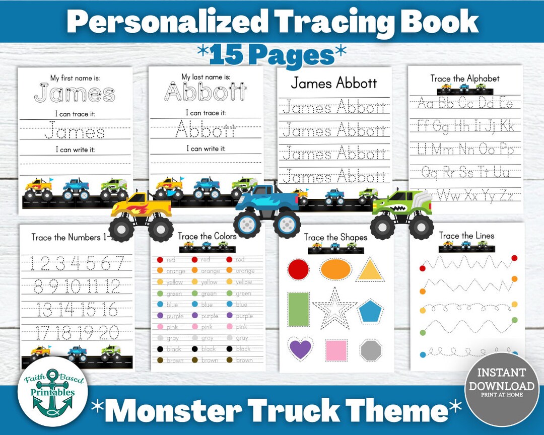 Custom Name Tracing Bundle Handwriting Practice Sheet Monster Truck ...