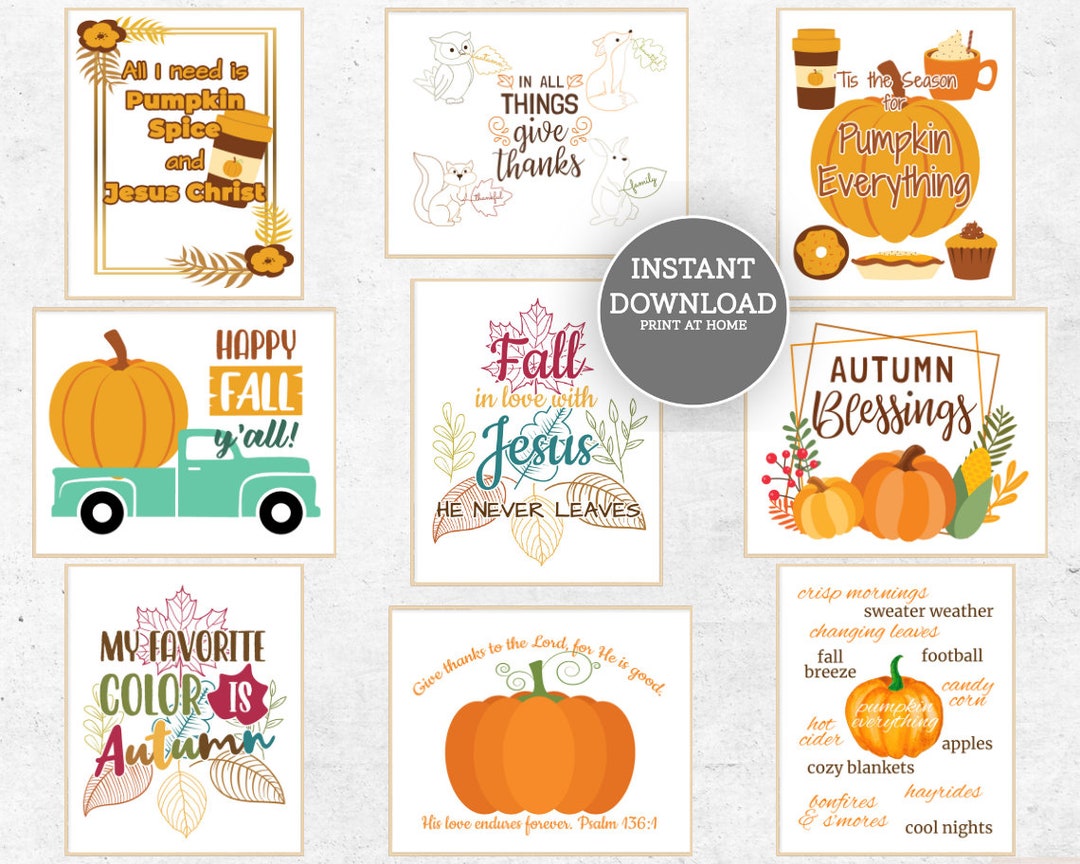 Fall Wall Art Printable Bundle Fall in Love With Jesus Leaves Autumn ...