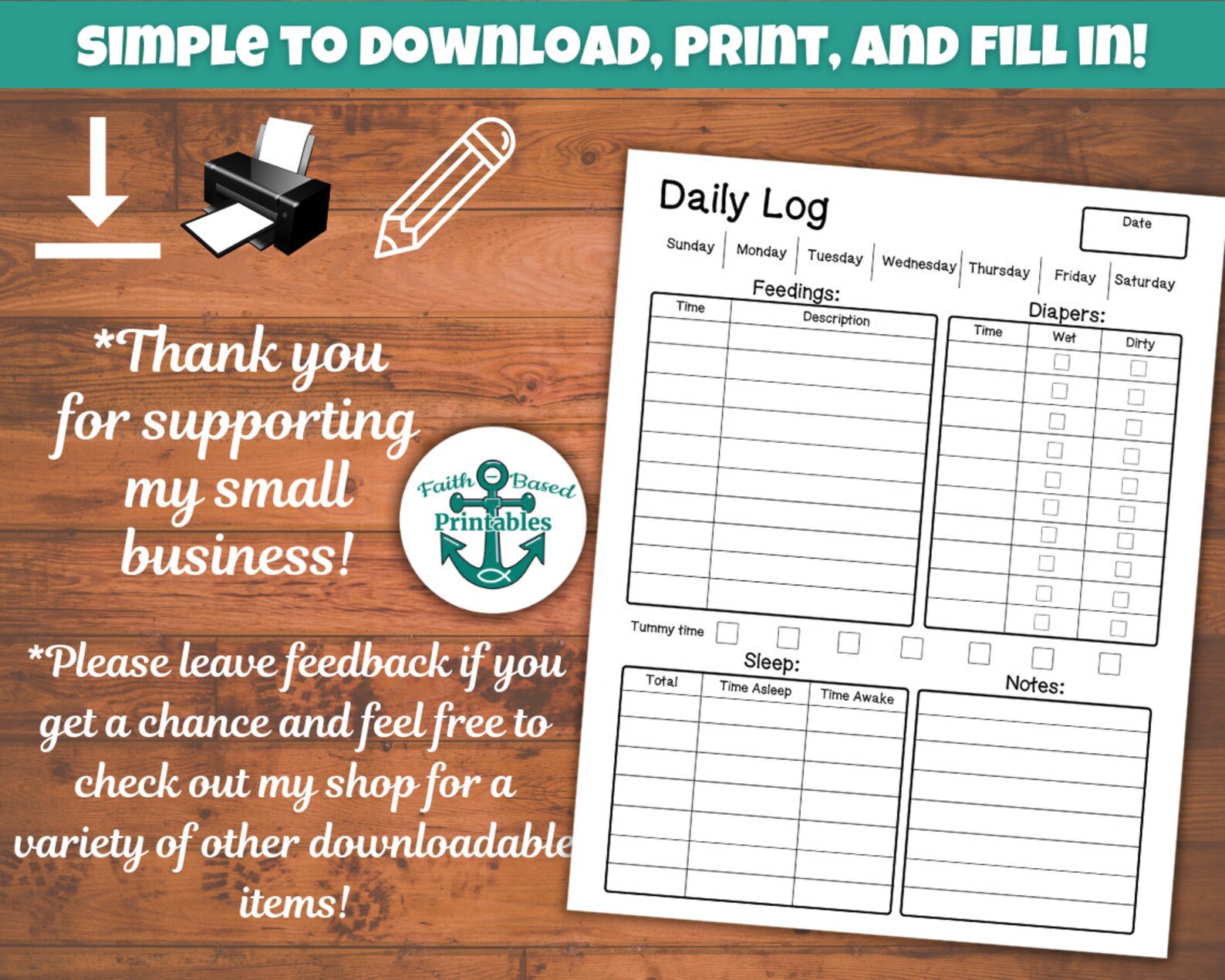 Infant Daily Log Printable Sleep Tracker Diapers Feedings Newborn Notes ...