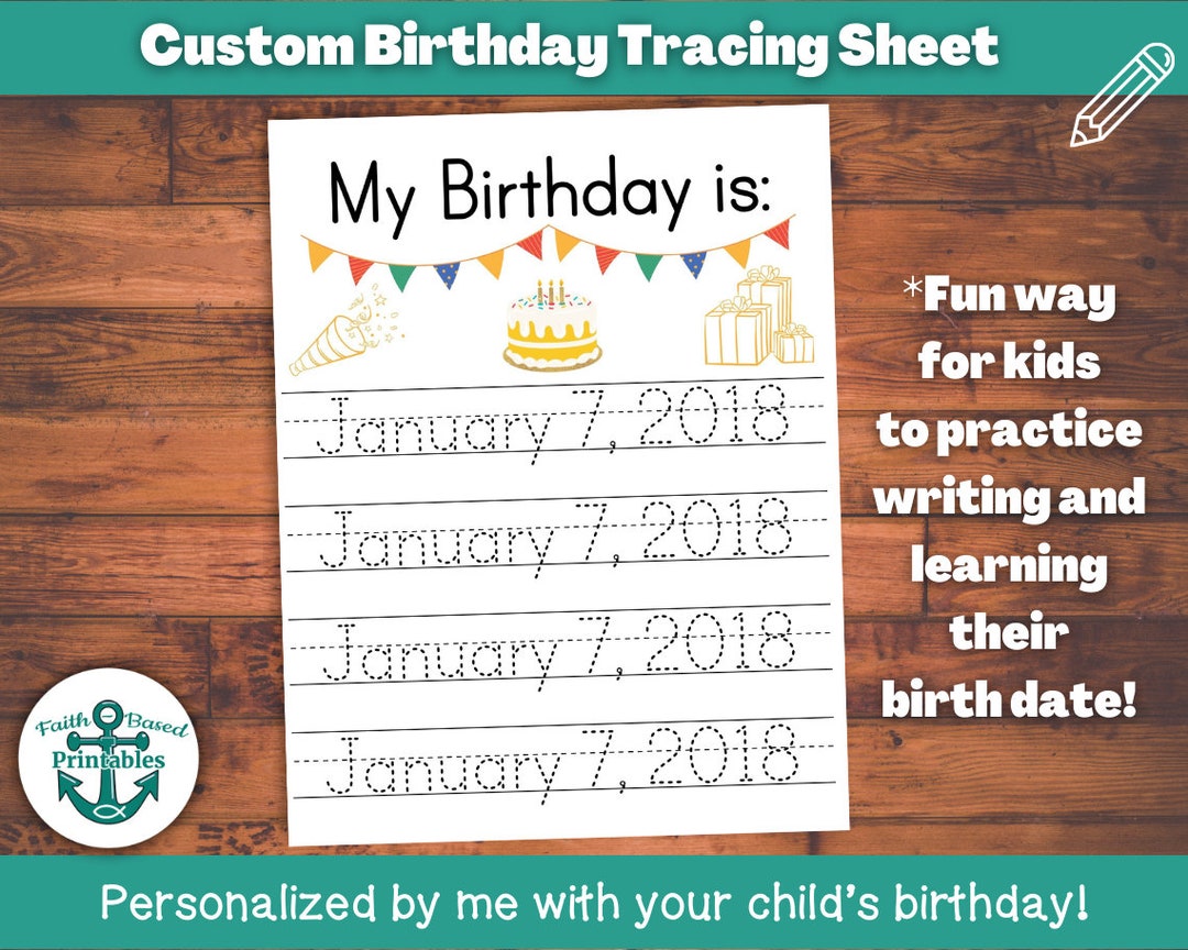 Custom Birthday Tracing Sheet Date of Birth Handwriting Practice ...