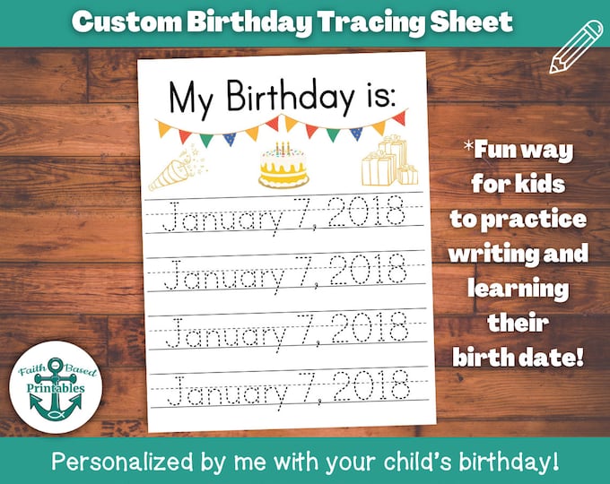 Custom Birthday Tracing Sheet Date of Birth Handwriting Practice ...