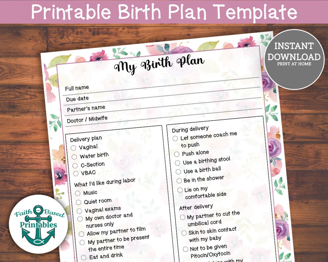 Birth Plan Template Simple Printable Birth Plan Checklist Purple Flower ...