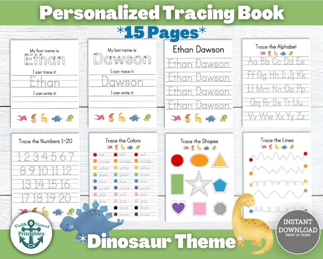 Custom Name Tracing Bundle Handwriting Practice Sheet Sheets Dinosaur ...