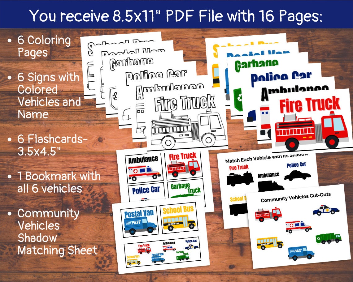 Toddler Printable Community Vehicles Activities Vehicle - Etsy Canada