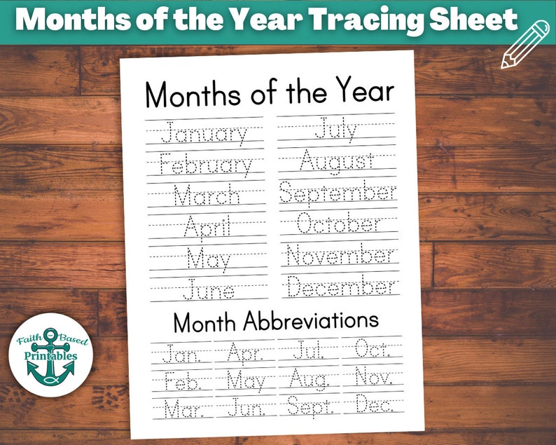 Months of the Year Tracing Worksheet Printable Handwriting - Etsy
