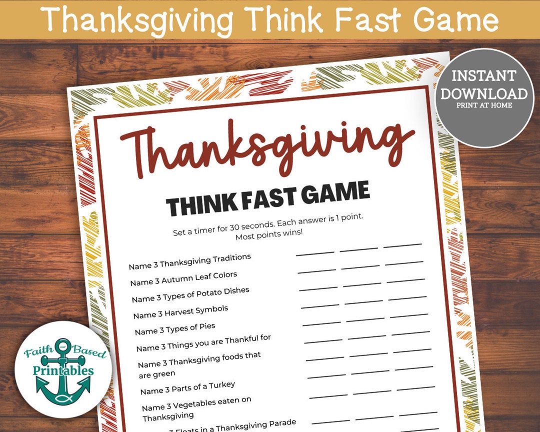 Thanksgiving Think Fast Game Night Fall Games for Adults Kids Fun ...