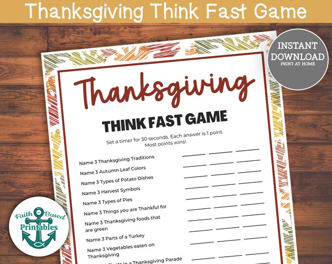 Thanksgiving Think Fast Game Night Fall Games for Adults Kids Fun ...