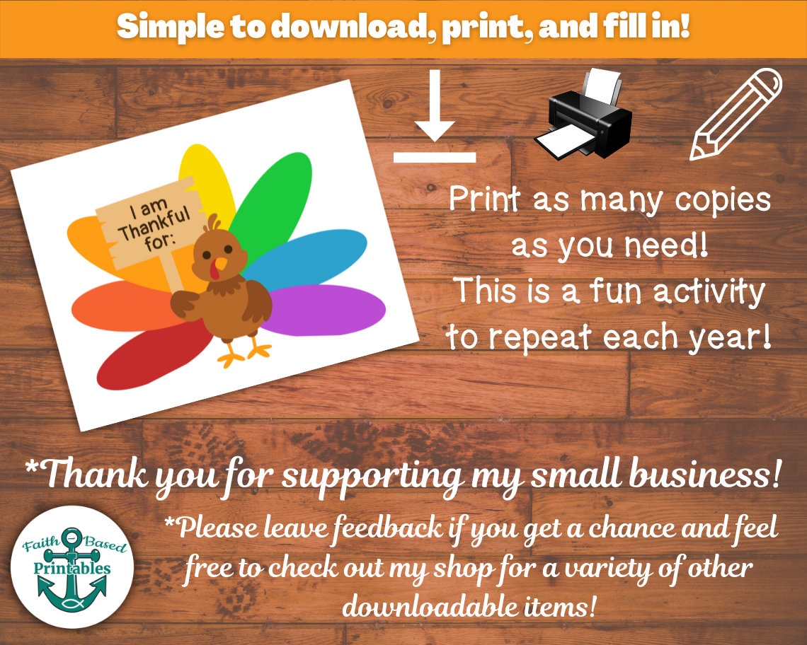 Printable Thankful Turkey for Kids Colorful Thanksgiving - Etsy