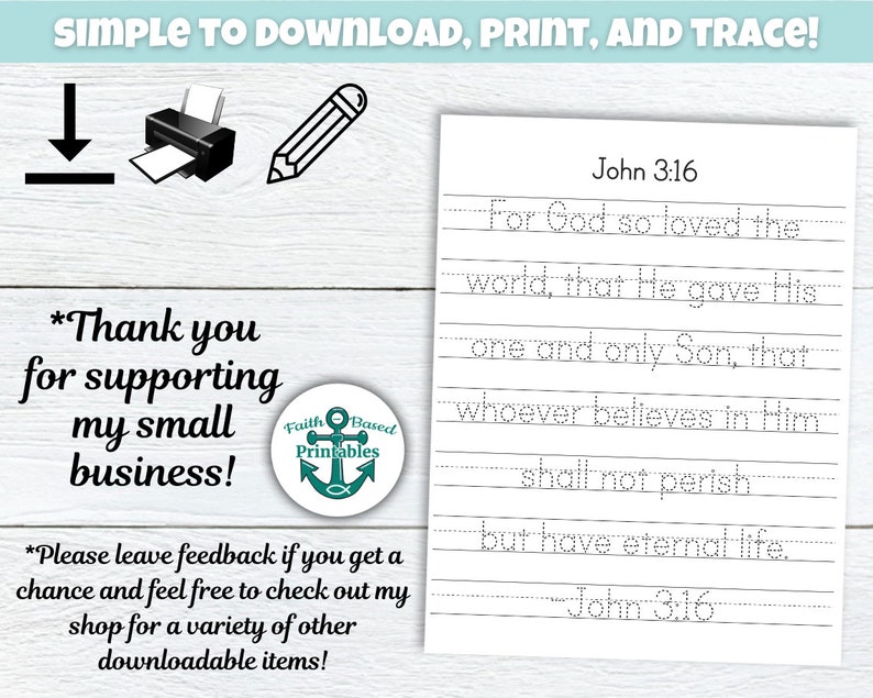 John 3:16 Scripture Tracing Sheet Bible Memory Verse Memorization ...