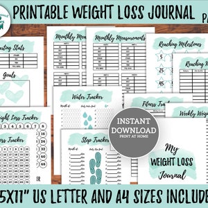 Weight Loss Journal Printable Fitness Tracker Health Planner Teal Aqua ...