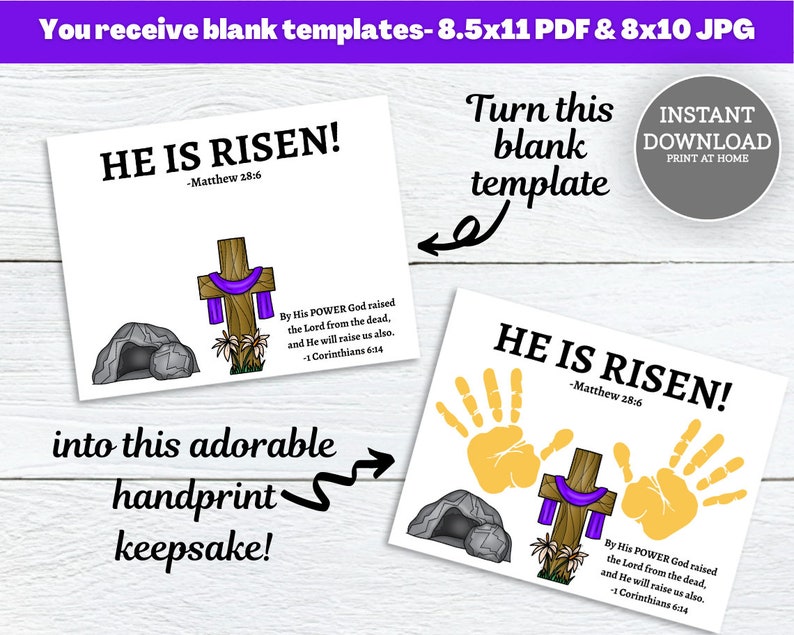 He is Risen Craft Matthew 28:6 Easter Handprint Art Cross Christian ...