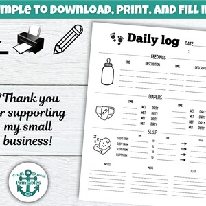 Baby Daily Log Printable: Feedings, Diapers, Sleep, Notes, Meds, Play ...