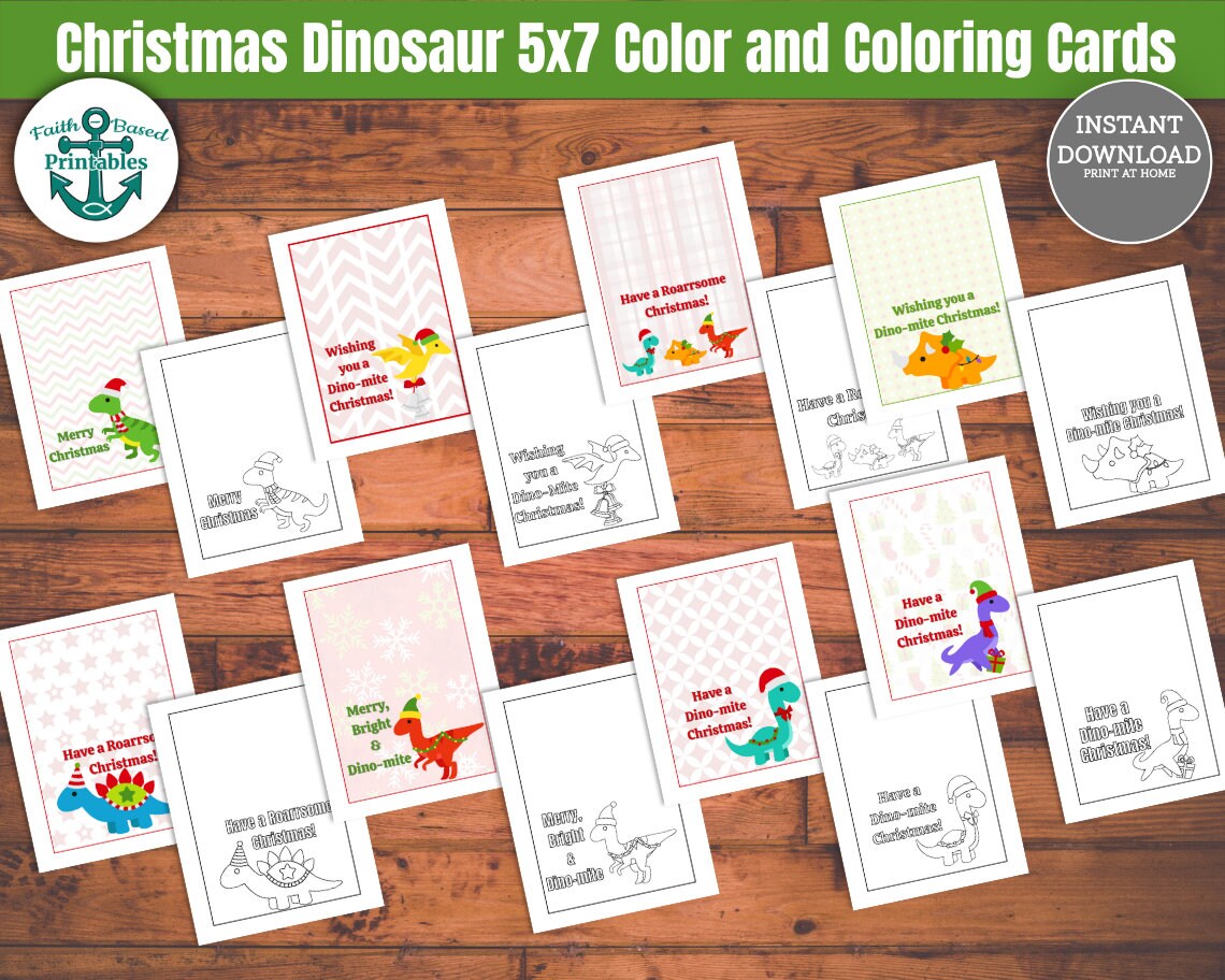 Printable Dinosaur Christmas Cards 5x7 Christmas Coloring - Etsy