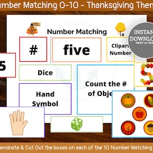Thanksgiving Number Matching Game, Counting Practice, Count to 10 ...