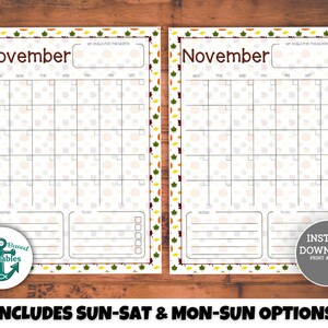 Printable November Calendar Leaf Acorn Pumpkin Pattern Cute Design ...