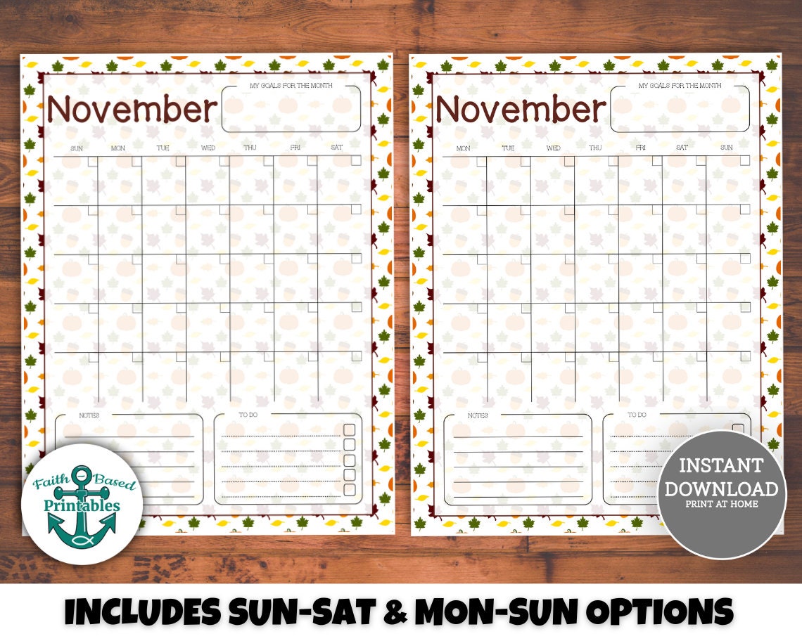 Printable November Calendar Leaf Acorn Pumpkin Pattern Cute Design ...