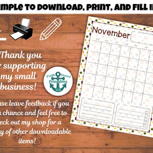 Printable November Calendar Leaf Acorn Pumpkin Pattern Cute Design ...