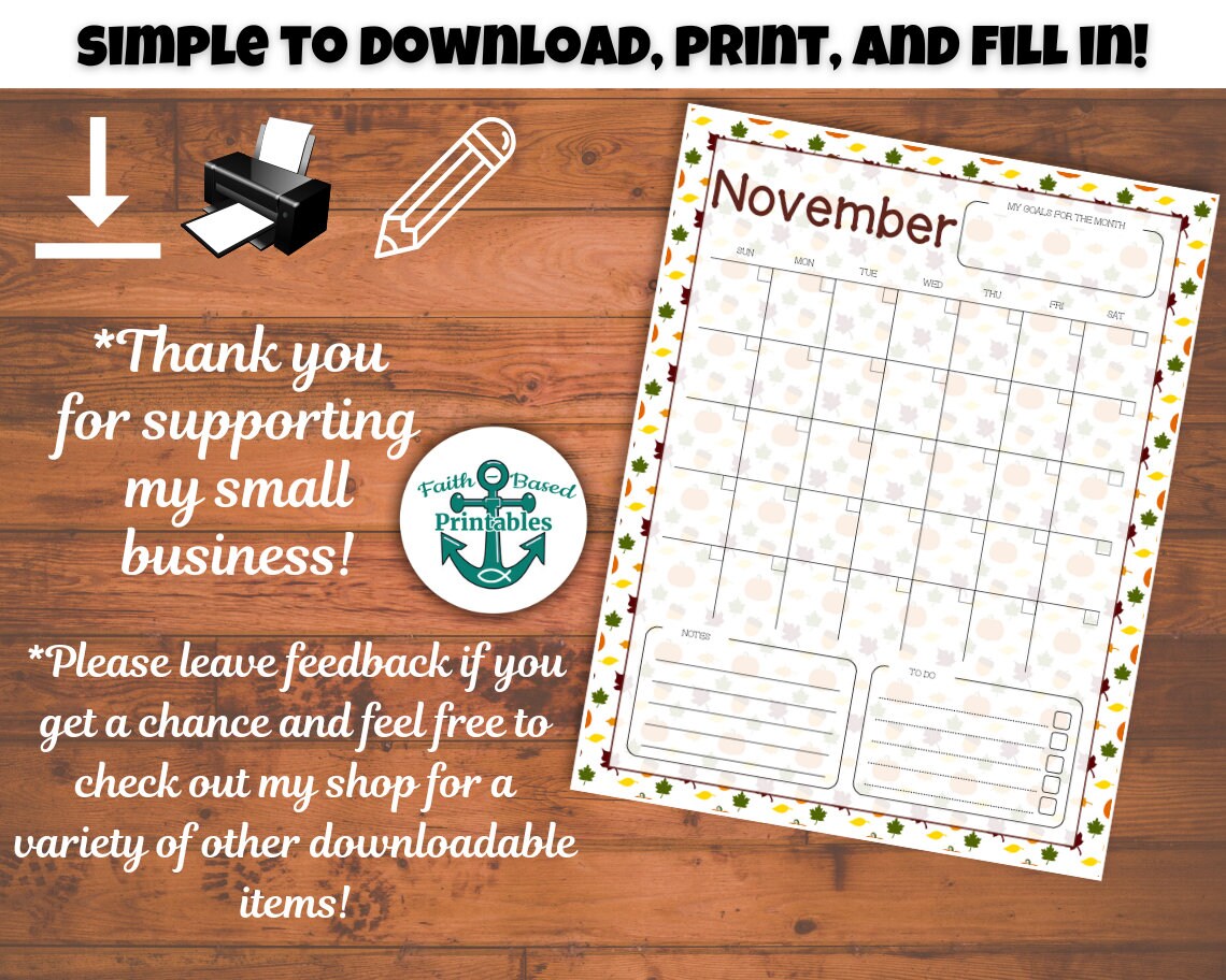 Printable November Calendar Leaf Acorn Pumpkin Pattern Cute Design ...
