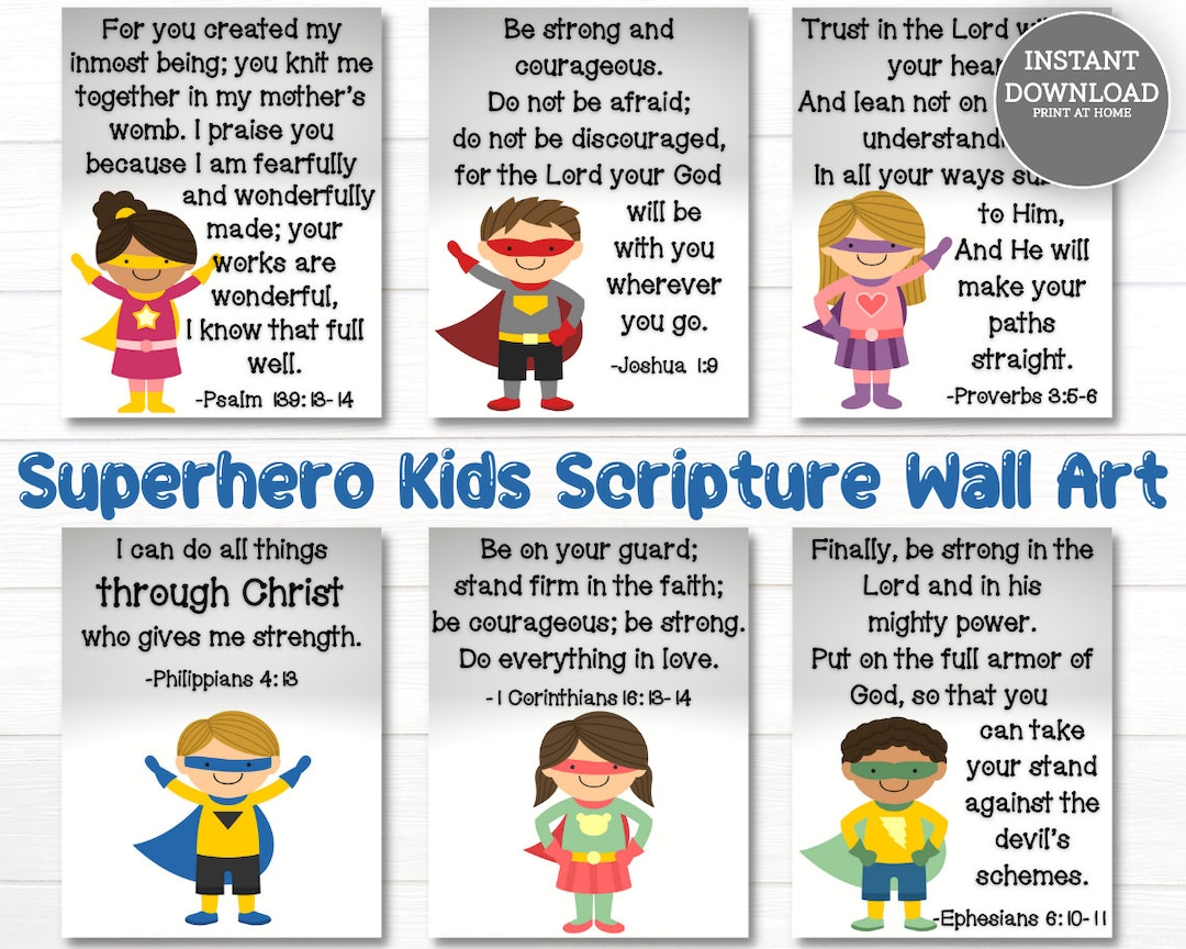 Superhero Kids Scripture Bundle Printable Proverbs 3 Joshua 1:9 Psalm ...