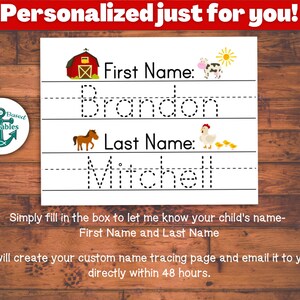 Custom Name Tracing Sheet for Kids Farm Cow Chicken Handwriting ...