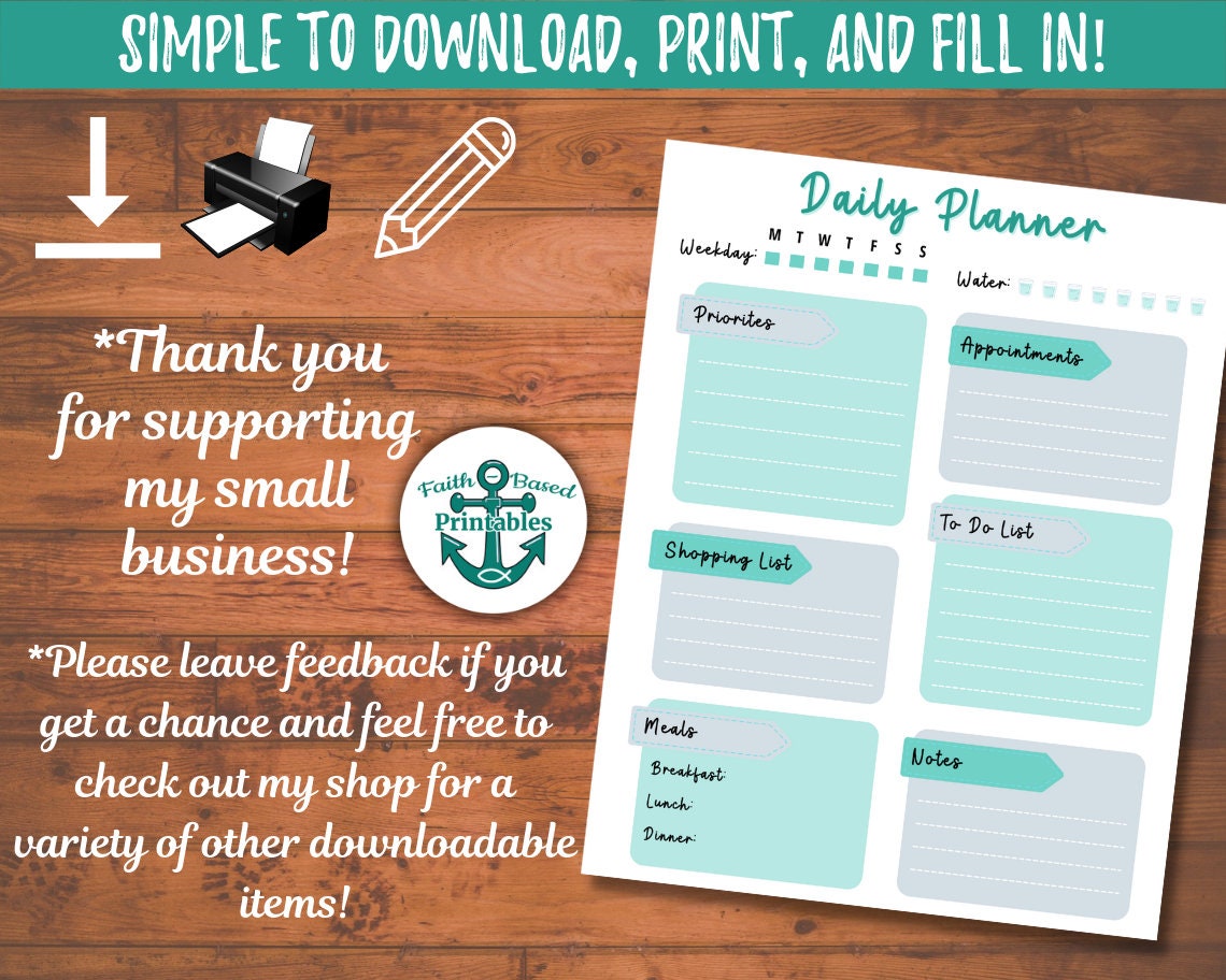Cute Daily Planner PDF Teal Gray Daily Planner Printable - Etsy