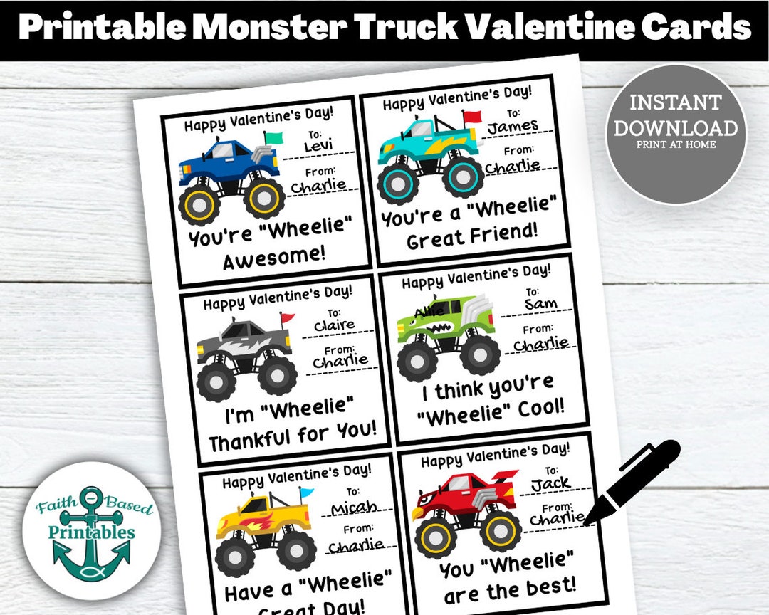 Valentine Cards for Boys Monster Truck Printable Valentines Trucks ...