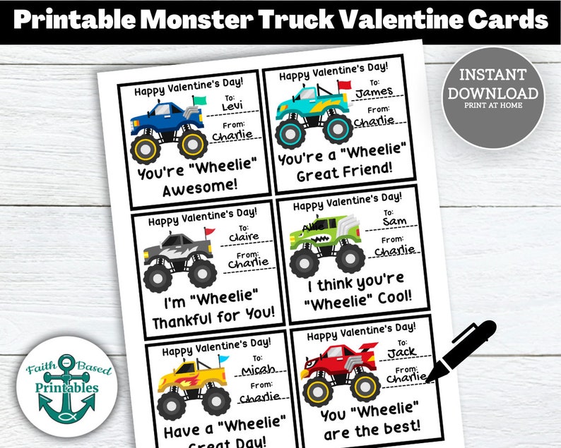 Valentine Cards for Boys Monster Truck Printable Valentines - Etsy