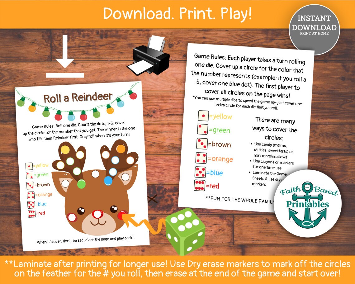Roll a Reindeer Game Printable Roll a Reindeer Dice Game | Etsy