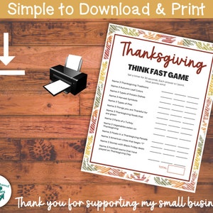 Thanksgiving Think Fast Game Night Fall Games for Adults Kids Fun ...