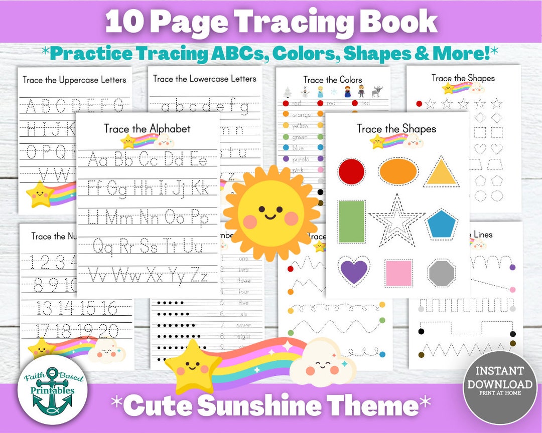 Printable Tracing Worksheet Bundle Cute Sunshine Alphabet Number Letter ...