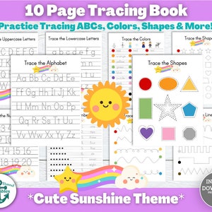 Printable Tracing Worksheet Bundle Cute Sunshine Alphabet Number Letter ...
