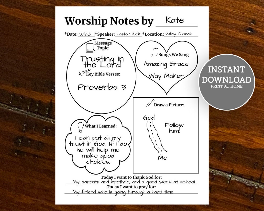 Worship Notes for Kids Printable, Sermon Journal (PDF) - Etsy