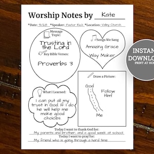 Worship Notes for Kids Printable, Sermon Journal (PDF) - Etsy