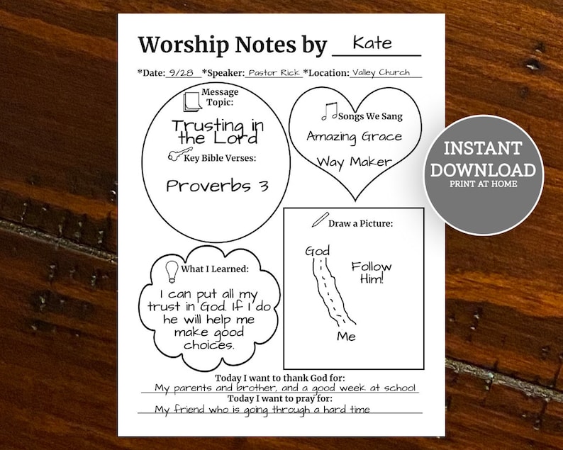 Worship Notes for Kids Printable, Sermon Journal (PDF) - Etsy
