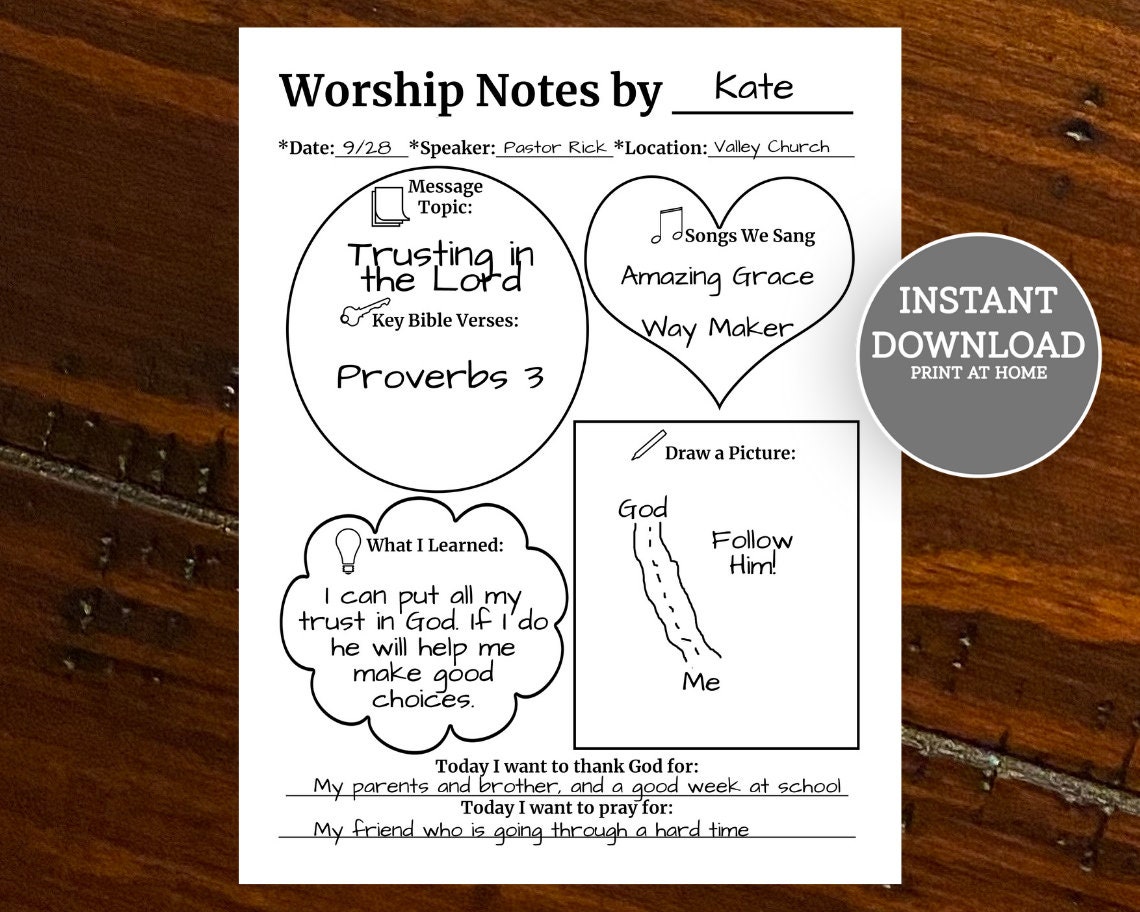 Worship Notes for Kids Printable, Sermon Journal (PDF) - Etsy