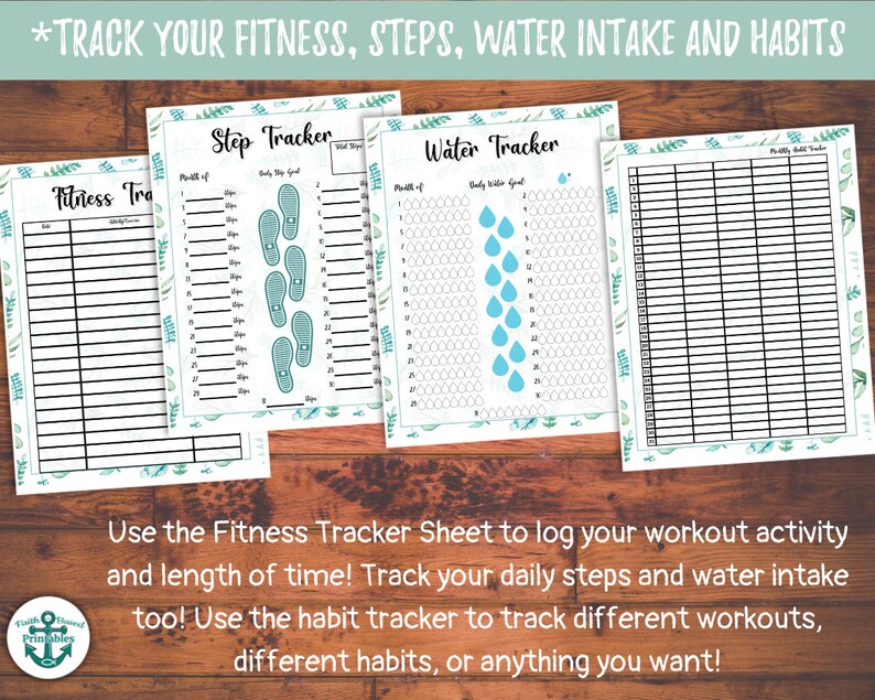 Weight Loss Journal Printable Weightloss Tracker Green Teal Leaf Flower ...