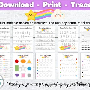 Printable Tracing Worksheet Bundle Cute Sunshine Alphabet Number Letter ...