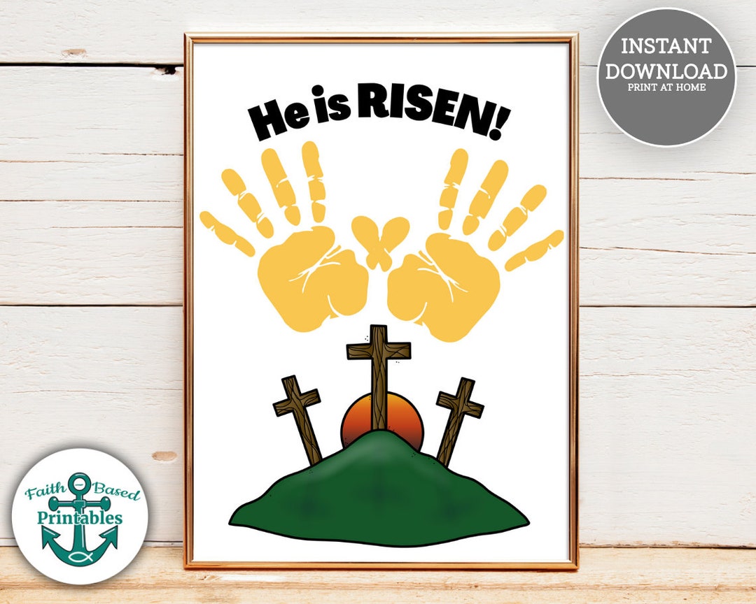 He is Risen Easter Handprint Craft Matthew 28:6 Art Cross Christian ...