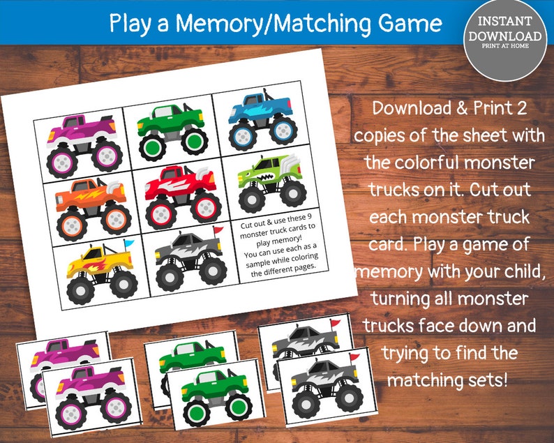 Printable Monster Truck Coloring Pages Monster Truck Memory - Etsy