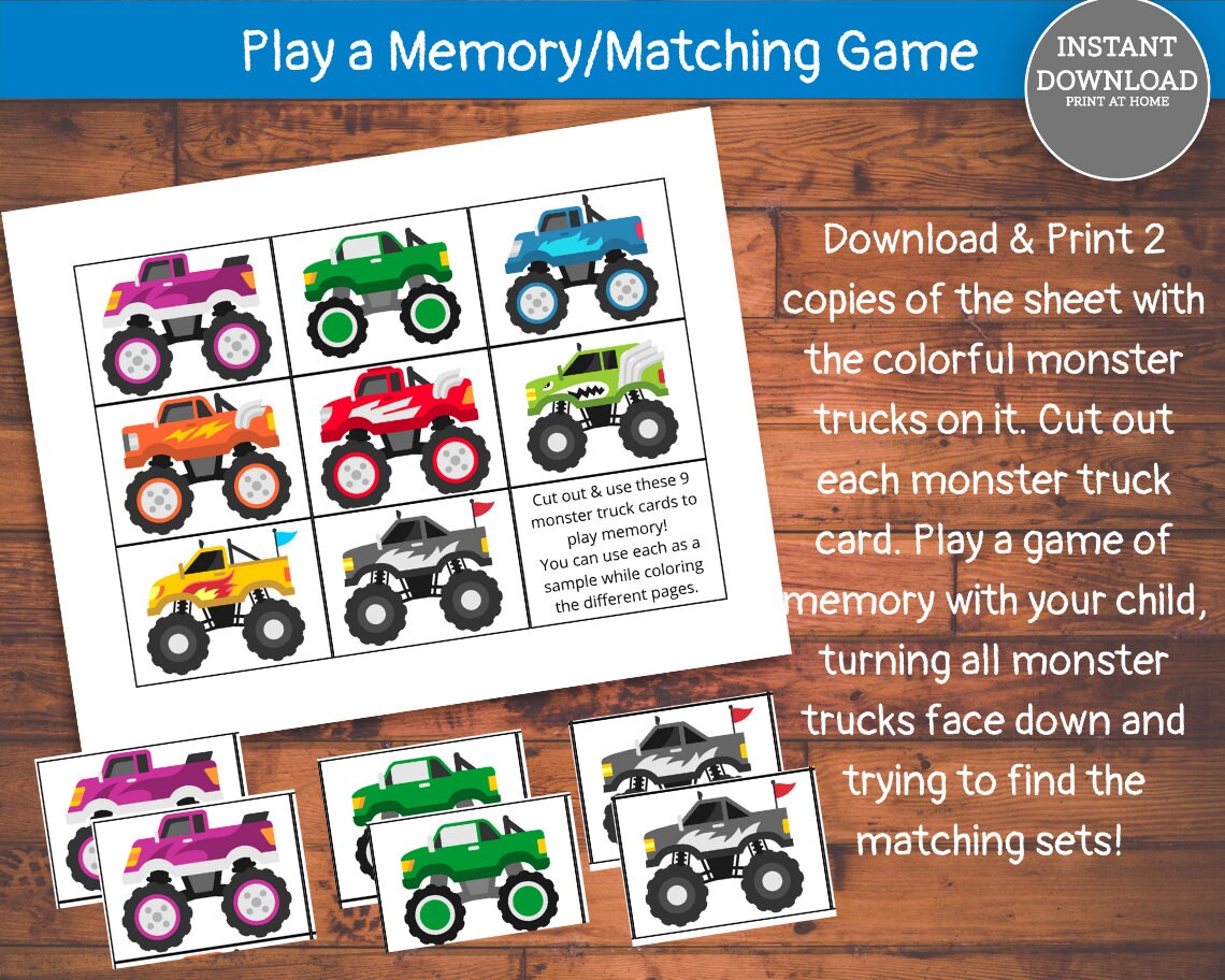 Printable Monster Truck Coloring Pages Monster Truck Memory - Etsy UK