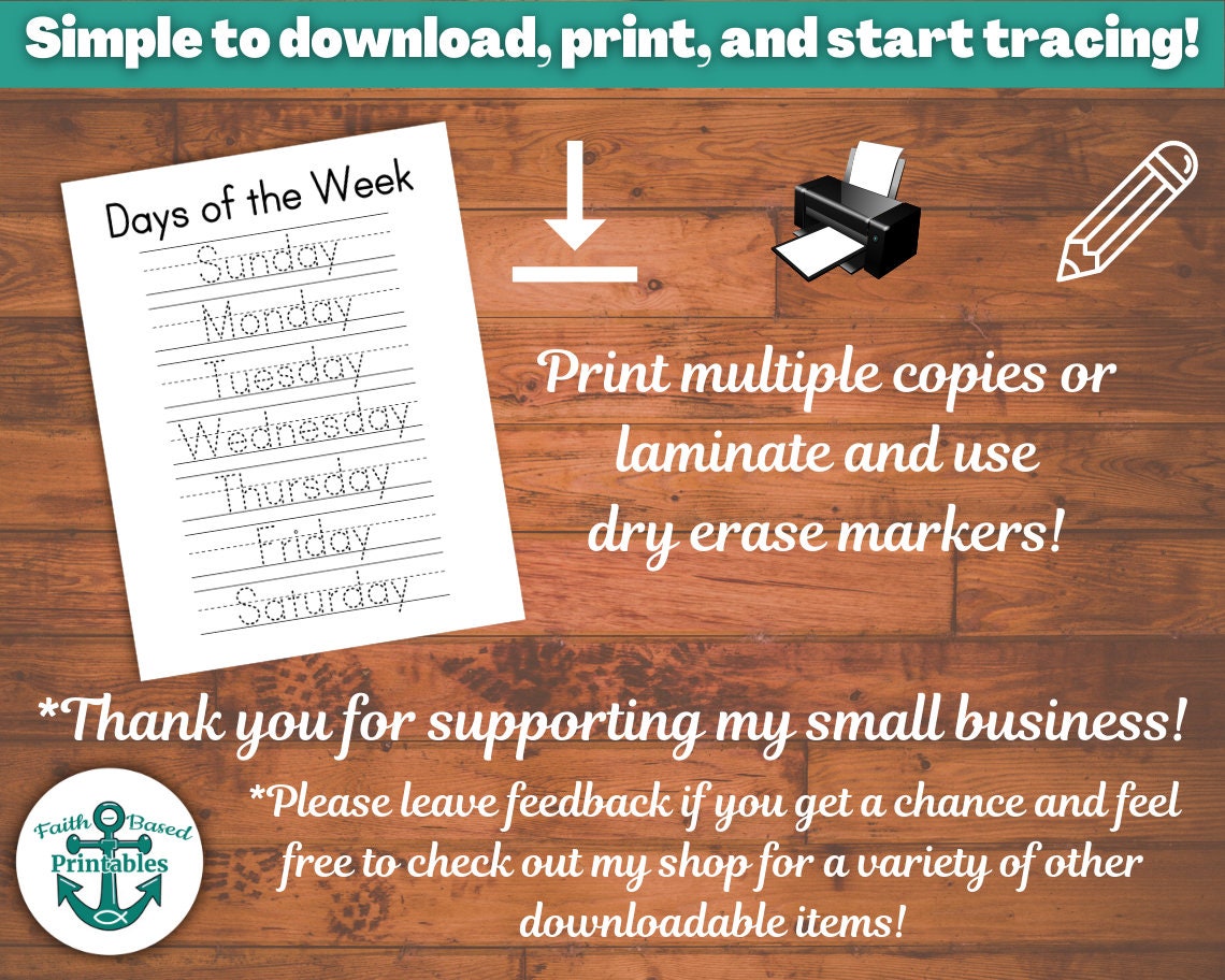 Days of the Week Printable Tracing Worksheet Handwriting Practice Kids ...