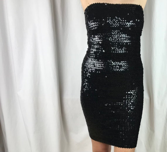 Original Vintage 90s Black Sequin Stretch Tube Dress - Gem