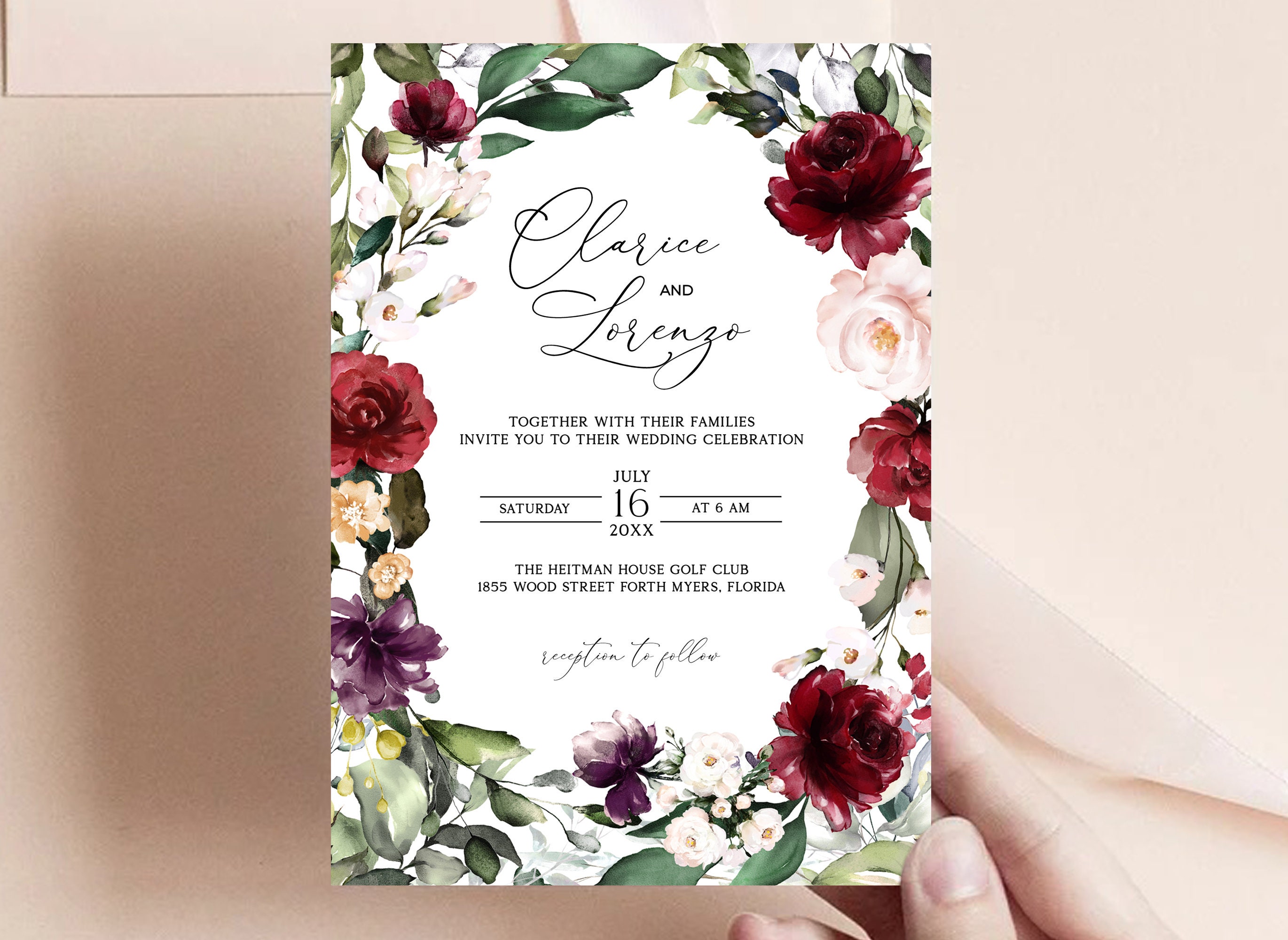 Burgundy Wedding Invitation Template, Burgundy Roses, Rosa Wedding ...