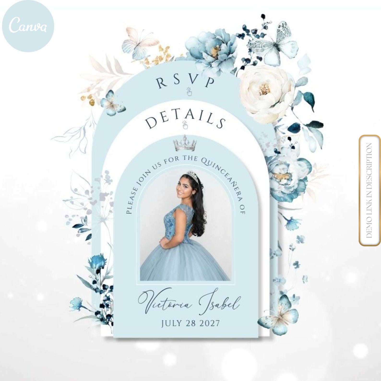 Blue Quinceanera Website Template, Trackable RSVP (canva), Butterflies ...