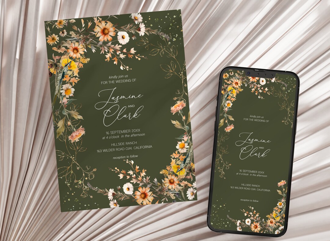 Green Wedding Invitation Template, Fall Autumn Wildflowers Wedding ...