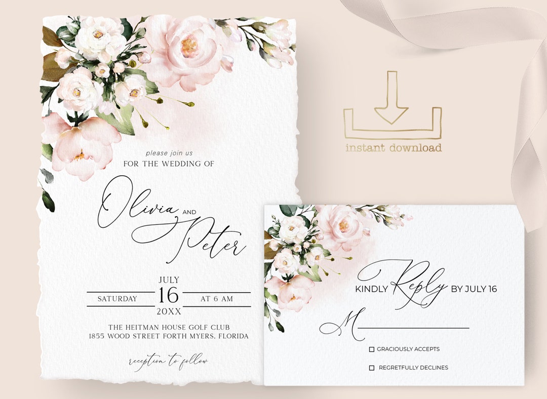 Blush Pink Wedding Invitation, Soft Pink, Watercolor, Elegant Pink ...