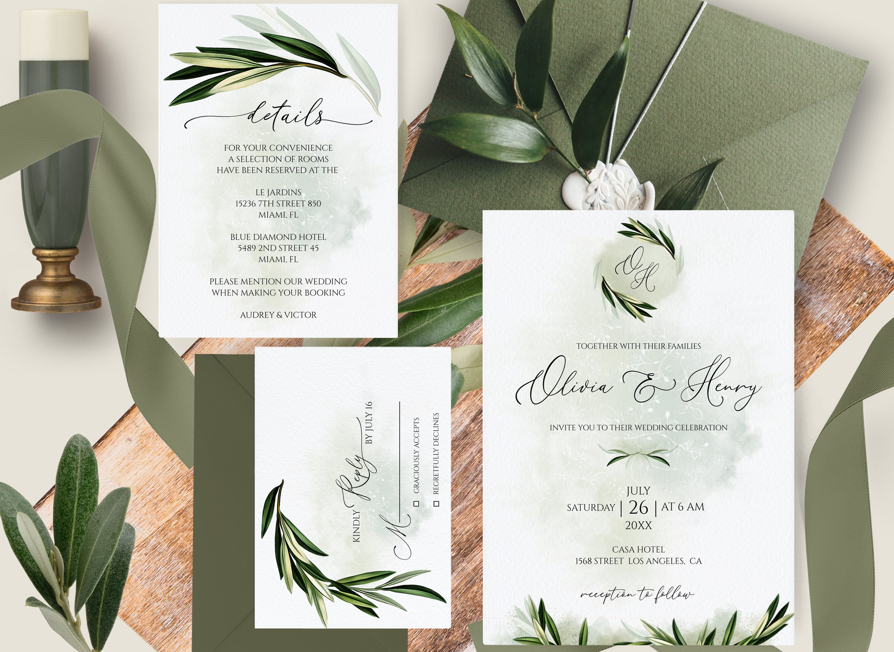 Olive Branch Wedding Invitation Suite Template, Tuscany Wedding ...
