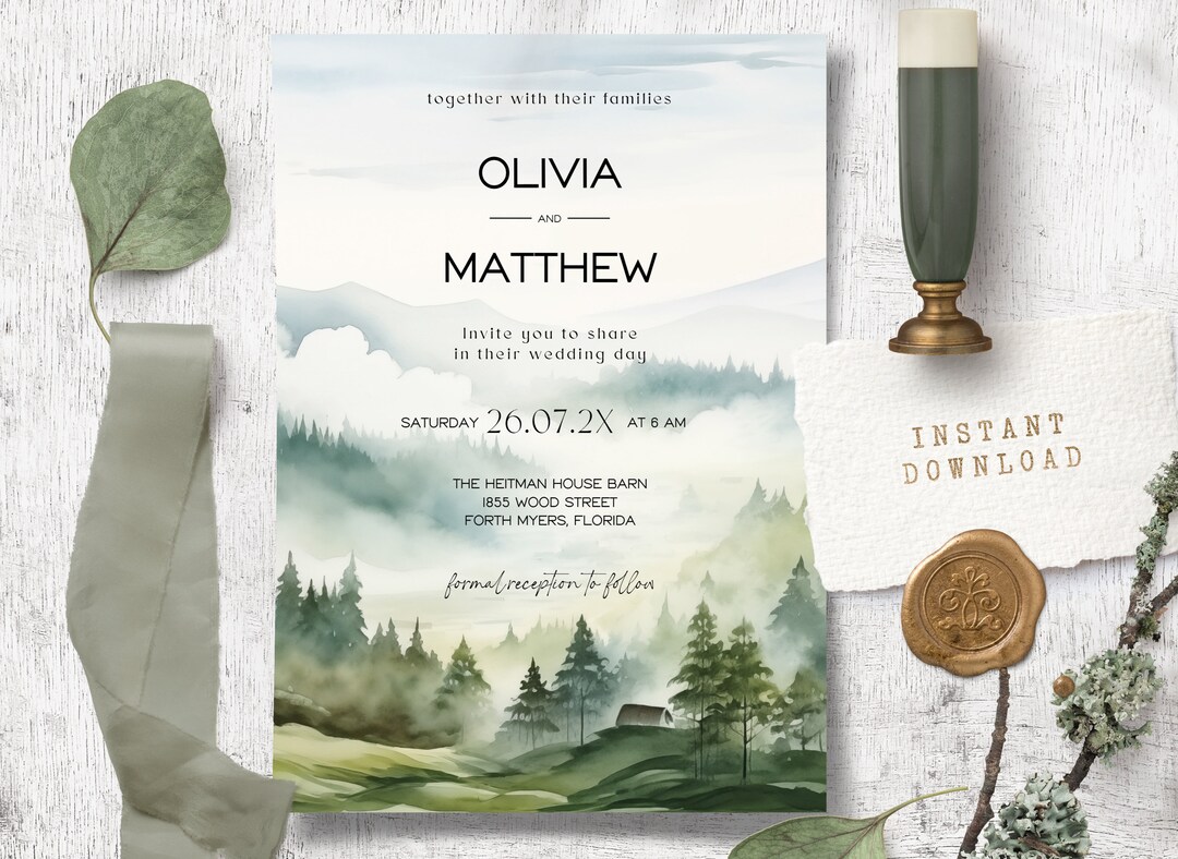 Forest Wedding Invitation, Misty Forest Wedding Invite, Outdoor Wedding ...