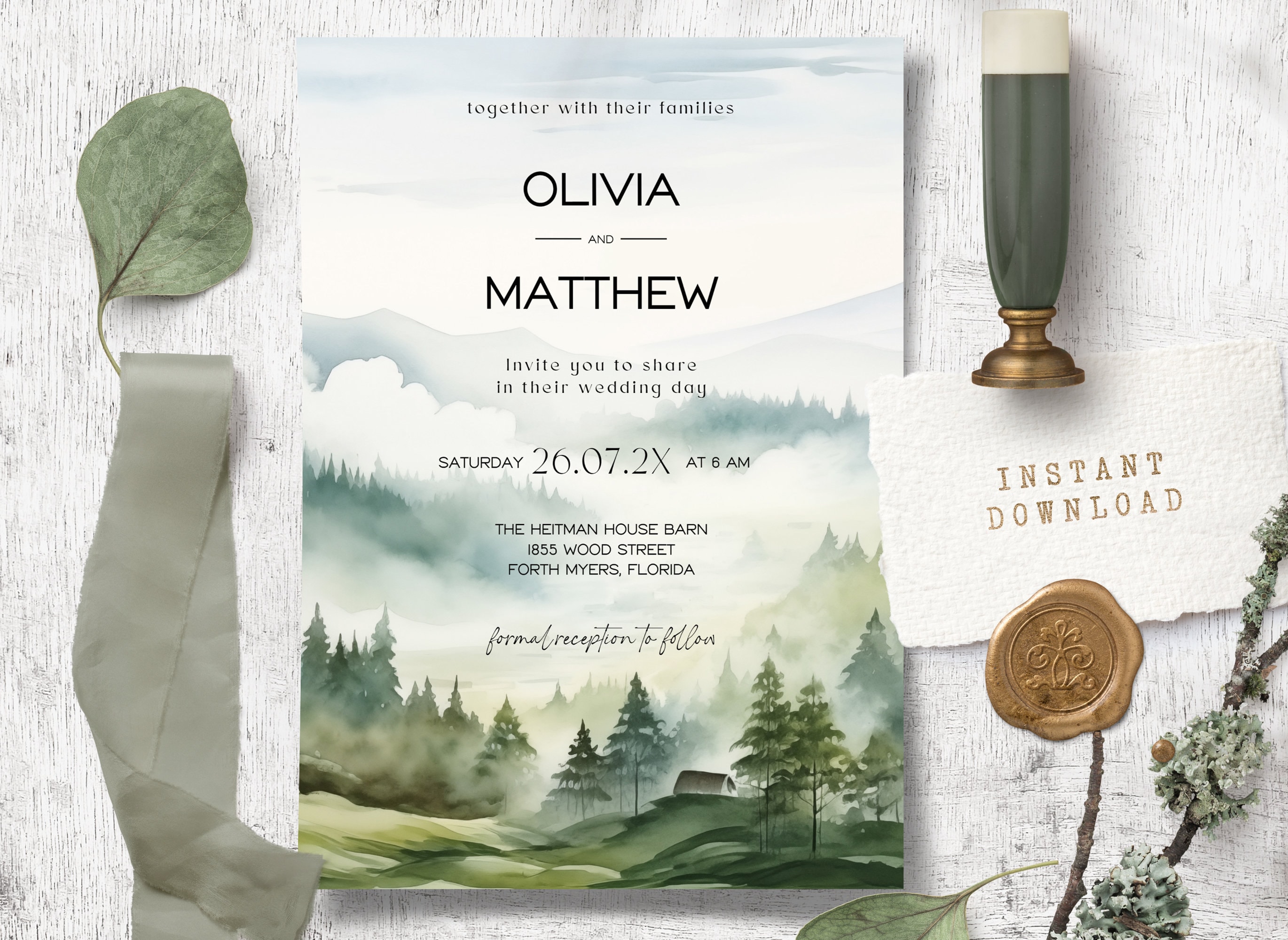 Forest Wedding Invitation, Misty Forest Wedding Invite, Outdoor Wedding ...